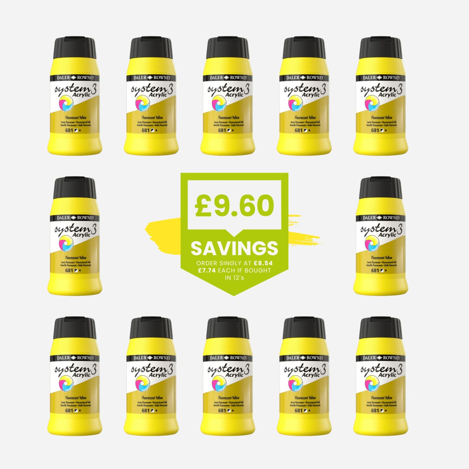 DALER ROWNEY SYSTEM 3 ACRYLIC 500ml FLUORO YELLOW – BULK PACK OF 12
